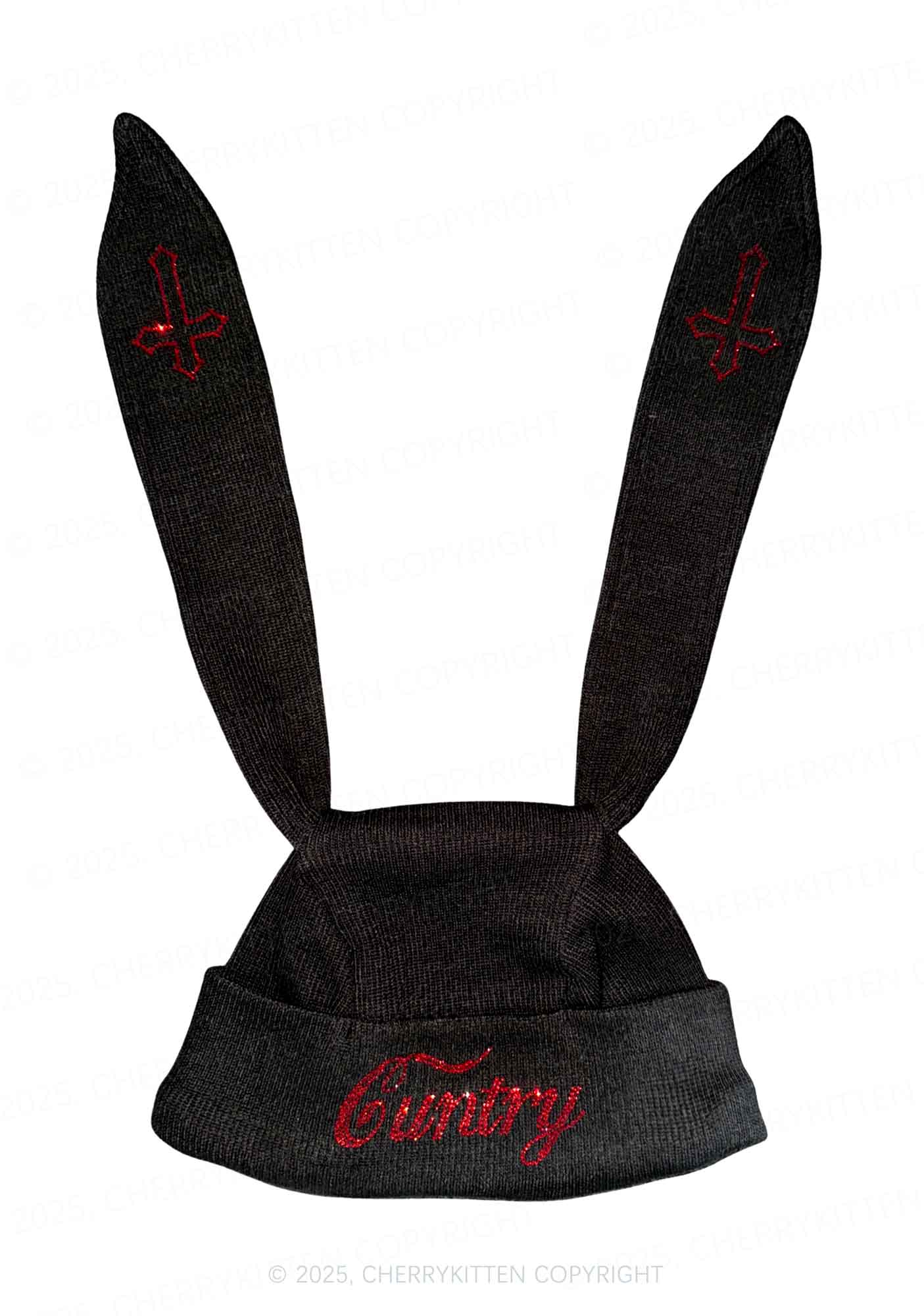 Cherrykitten Rhinestone Cuntry Cross Y2K Bunny Ear Knitted Hat ...